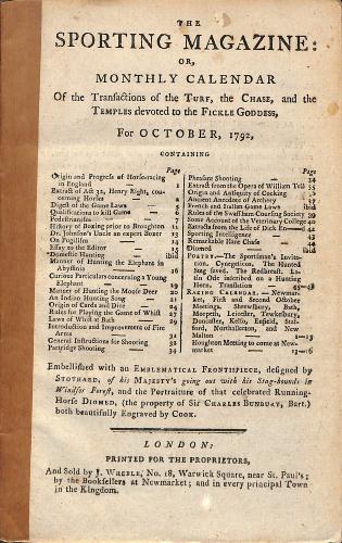 LIVRE « THE SPORTING MAGAZINE OR MONTHLY CALENDAR » FOR OCTOBER, 1792